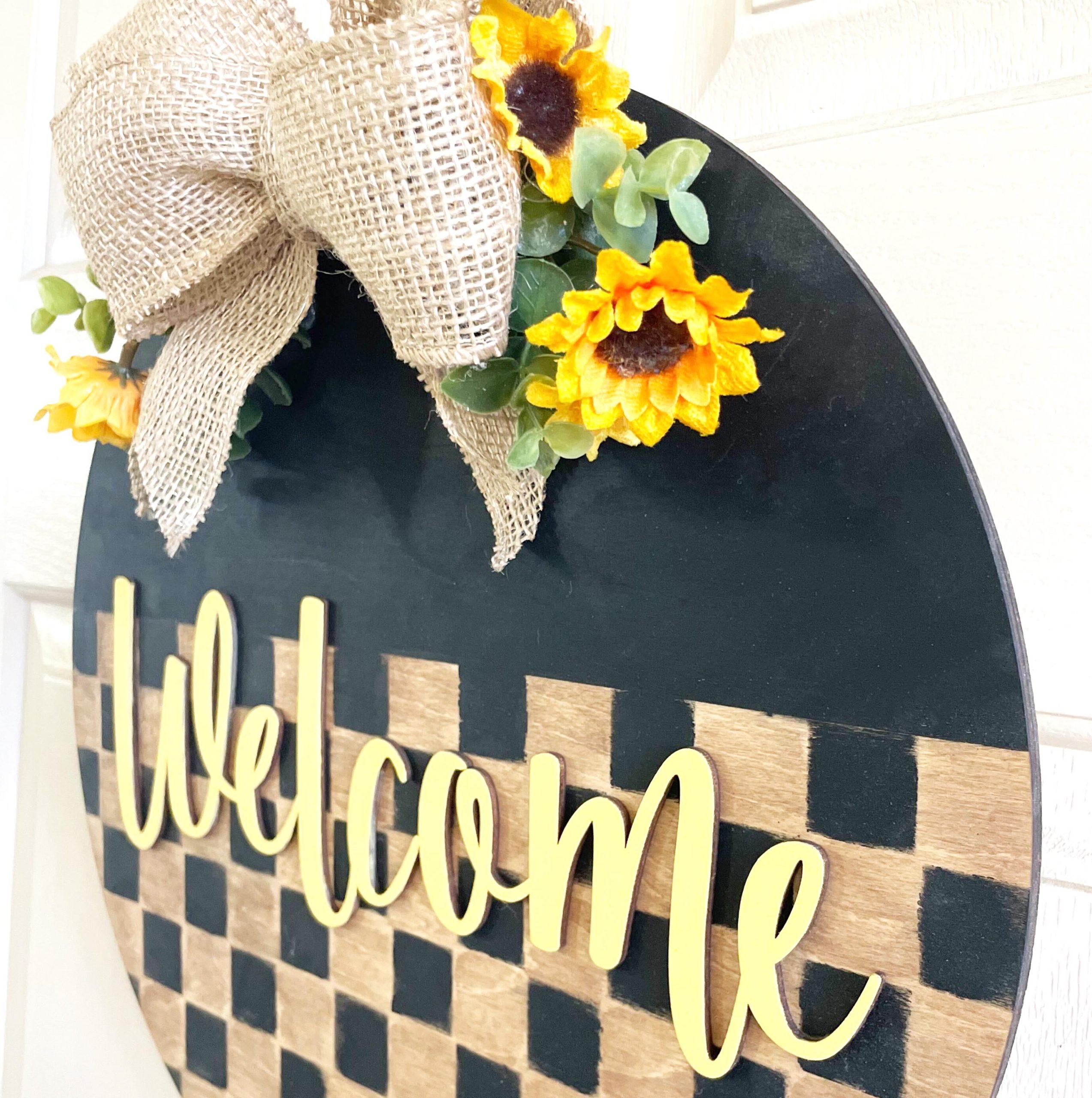 Sunflower Welcome Sign: Check Design Door Hanger with Burlap Bow